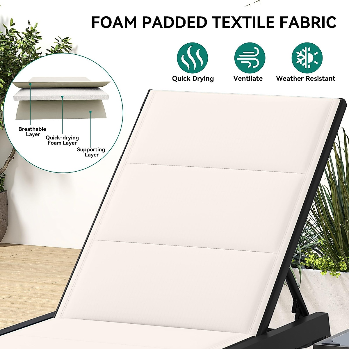 YITAHOME Outdoor Chaise Lounge Chairs Set with Side Table, Padded Fabric Poolside Loungers with Aluminum Frame, Adjustable Backrest, Wheels for Pool Beach Patio Lawn Porch (Beige)