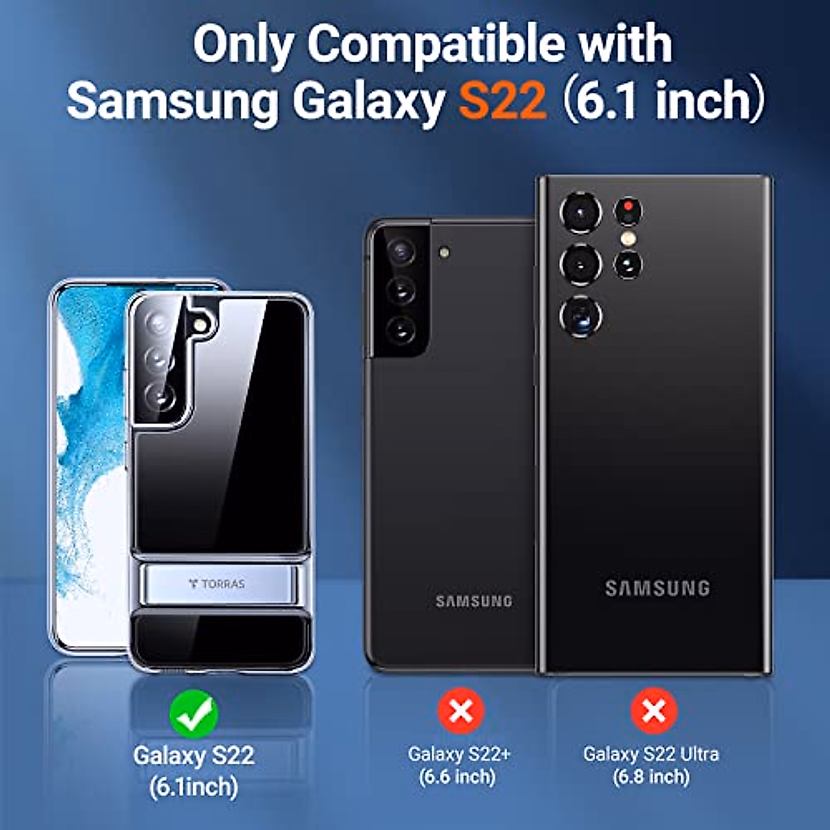 TORRAS MoonClimber Galaxy S22 Case 6.1", 6X Shockproof, 3-Way Stand, Slim Hard Kickstand, Clear