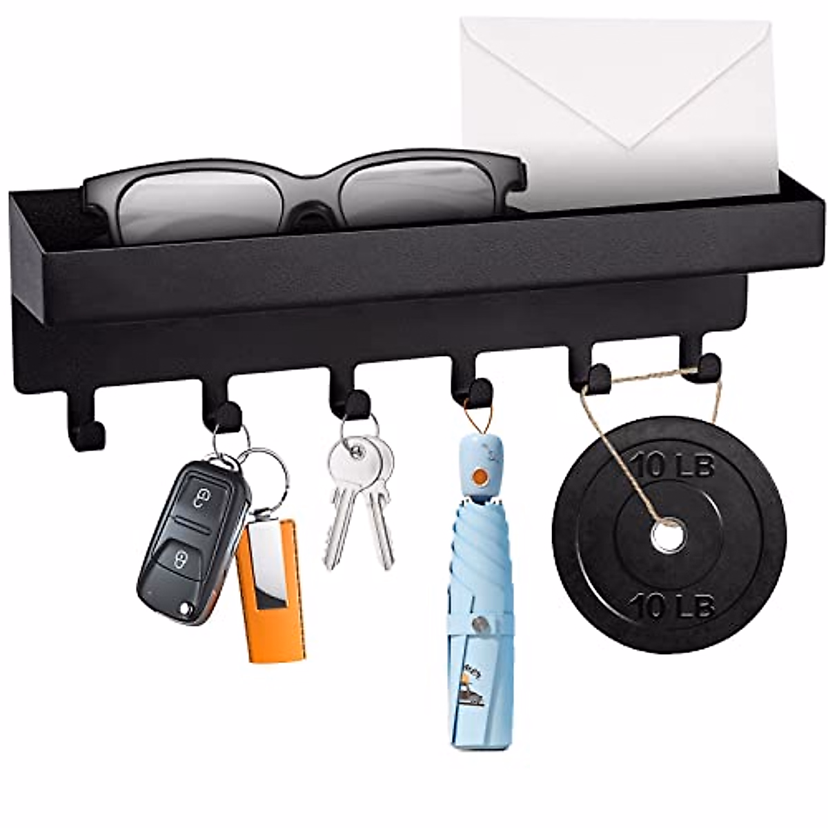 KingAcc Key Holder for Wall Decorative, Wall Mounted Key and Mail Organizer, Adhesive Key Rack/Hanger with Tray,6 Key Hooks for Entryway Hallway Kitchen Farmhouse (Black)