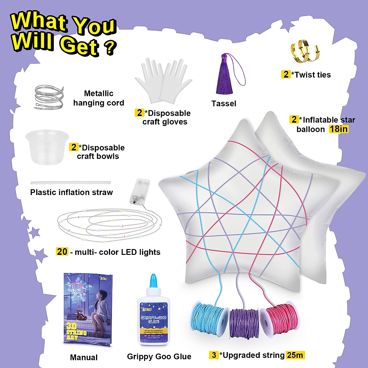 3D String Art Kit for Kids - Upgraded Makes a Light-Up Star Lantern with Multi-Colored Lights - Crafts for Girls and Boys - Kids Gifts - DIY Arts & Craft Kits for 8, 9, 10, 11, 12 Year Old Girl