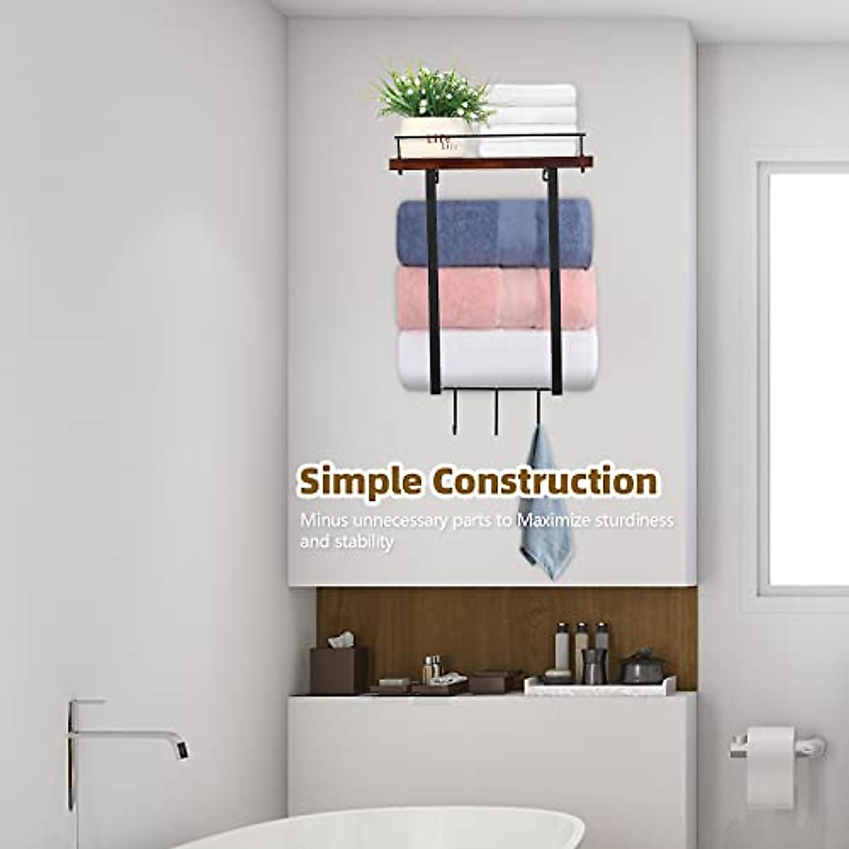 Towel Rack Wall Mounted for Bathroom Decor, Metal Towel Holders with Wooden Shelf and 3 Hooks, for Large Rolled Towels, Hand Towels, Washcloths, Towel Storage, for RV, Small Bathroom Organizer