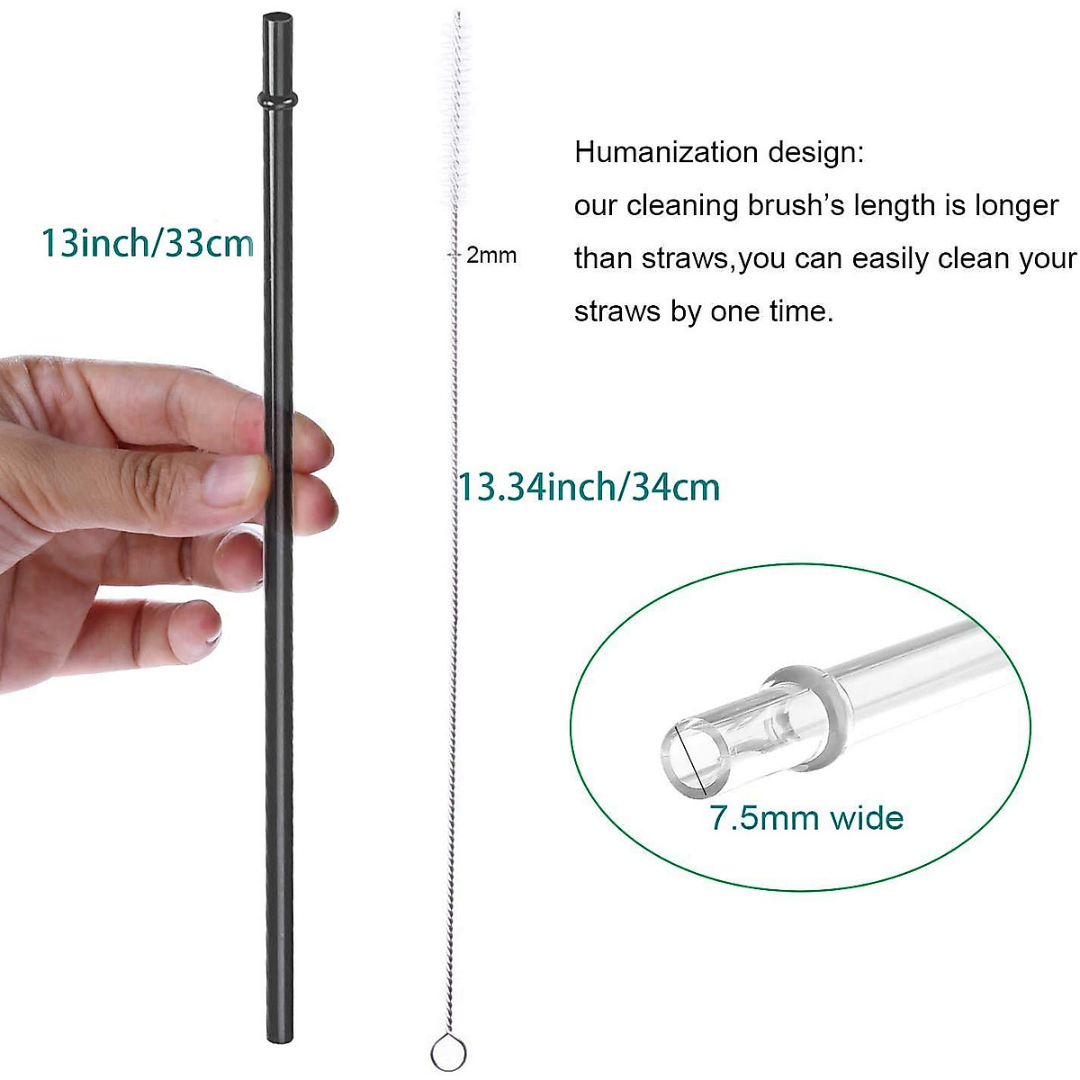 DAKOUFISH 13 Inch Long Black Reusable Plastic Replacement Drinking Straws for 40 oz & 50 oz Mason Jar,Tumblers, Set of 12 with Cleaning Brush (13inch, Black)