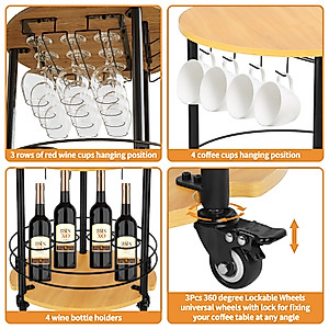 Small Bar Cart with Wheels, 2 Tier Serving Cart for Home Mobile Round Coffee Table Bearing 130 LBS Rolling Beverage Drink Cart, Coffee Corner Station with Wine Rack for Living Room Bedroom Office