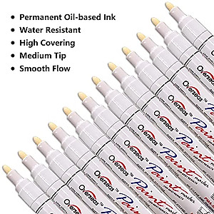Lesun White Paint Pens Paint Markers, 12 Pack Waterproof Oil-Based Paint Pen Set Quick Dry and Permanent, Markers for Rock Painting, Stone, Ceramic, Wood, Fabric, Plastic, Canvas, Glass, Mugs, Tires…