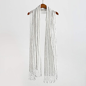 Jeelow 100% Linen Lightweight Striped Light Scarf Shawl Wrap For Men & Women (White Linen Black Stripes)