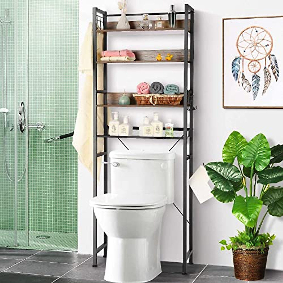 Devo Over The Toilet Storage, 4-Tier Bathroom Organizer, Wooden Bathroom Storage Shelf, with 8 Hooks and Toilet Paper Hook for Laundry, Balcony, Porch, Kitchen (Rustic Brown 2)