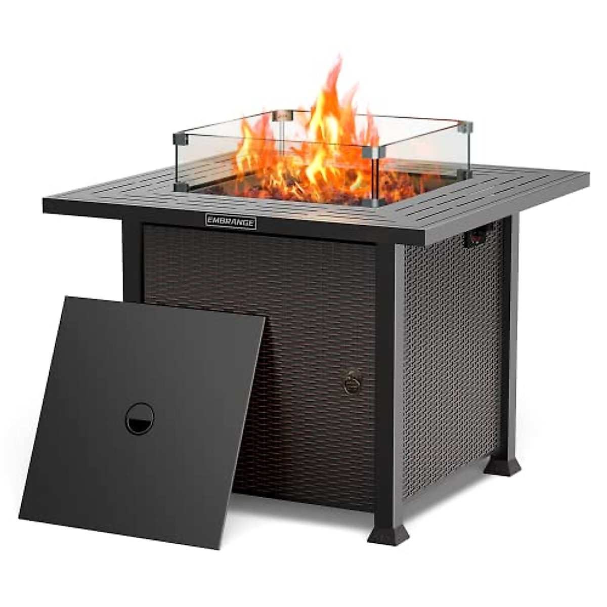 EMBRANGE 32In Propane Fire Pit Table,50,000BTU Auto-Ignition Gas Fire Pit Table with Glass Wind Guard, CSA Certification,Outdoor Fire Pit for Deck/Patio/Porch/Poolside, Black
