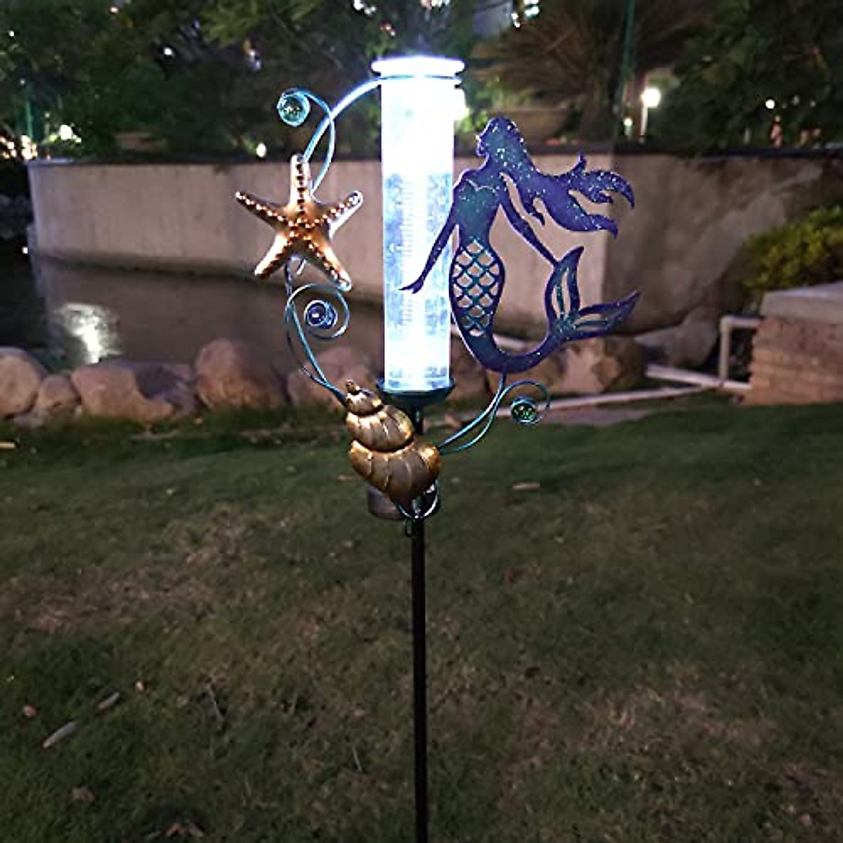JOYbee Mermaid Solar Powered Rain Gauge Garden Stake,Metal Mermaid Stake with Replacement 7" Capacity Glass Tube, LED Lights Glass Tube (Solar Rain Gauge),Decoration for Yard Lawn Outside