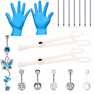 JIESIBAO 16PCS Belly Button Piercing Kit,14G Body Piercing Needles and Disposable Piercing Clamps Set for 316L Surgical Stainless Steel Silver Belly Button Ring Navel Piercing