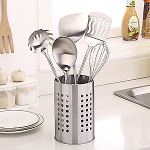 Jninexiu Stainless Steel Kitchen Utensil Holder, Kitchen Utensil Drying Cylinder with Drain Holes，Cookware Cutlery Holder for Kitchen/Home/Office