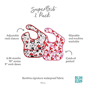 Bumkins Disney Minnie Mouse SuperBib, Baby Bib, Waterproof, Washable, Stain and Odor Resistant, 6-24 Months (Pack of 2) - Classic/Icon