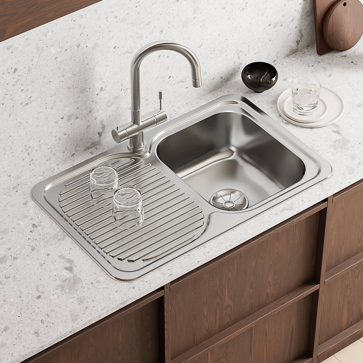 Naiture Drop-In Kitchen Sink, Rectangular Single Bowl Top Mount Sink, 21-Gauge 304 Stainless Steel, 32"L with Left Drainboard and Single Faucet Hole