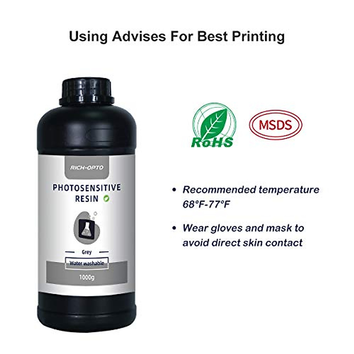 Rich-OPTO 1kg Water Washable Resin Grey LCD 3D Printer Resin UV Curing 405nm Quick Printing Speed Low Odor High Accuracy Photopolymer (DIY Mixed with The Non-Clear Same Series Resin)
