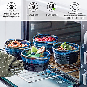 UNICASA 8 oz Ceramic Ramekins with Lid, Mini Casserole Dish with Handles Set of 4, Porcelain Small Baking Dish, Round Small Cocotte Oven Safe, Reactive Glaze (Blue)