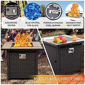 WAROOM Outdoor Patio Furniture Set 7 Pieces Sectional Sofa Brown Rattan Conversation Couch with PE Wicker Propane Fire Pit Table, Non-Slip 5" Thick Grey Cushion and Furniture Cover