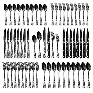 Stapava 48-Piece Black Silverware Set with Steak Knives, Stainless Steel Cutlery Flatware Set for 8, Utensil Sets Include Forks Spoons and Knives for Home Kitchen, Mirror Polished, Dishwasher Safe