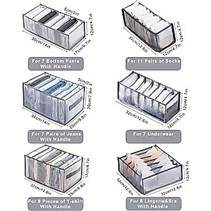 6pcs Wardrobe Clothes Organizer For Jeans, Upgraded Drawer Organizers For Clothing With Handle, Foldable Drawer Organizers For Family (Shirt+Jeans+T-Shirt+Bra+Underwear+Socks, Gray)