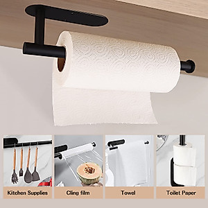 Paper Towel Holder Under Cabinet , Under Cabinet Black Paper Towel Rack,Both Available in Adhesive and Screws,SUS304 Stainless Steel Self-Adhesive Paper Towel Bar,for Kitchen, Pantry, Sink, Bathroom
