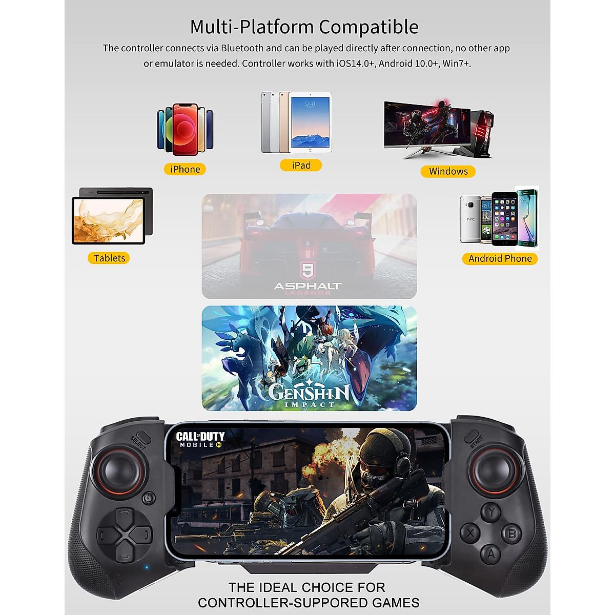 Joso Mobile Game Controller for iPhone, Android, PC, Steam, Direct Play, 15 Hours Playtime, Phone Controller Gamepad Joystick for iPhone 14 13 12 Pro Max, Galaxy S23 S22 Ultra, iPad, Tablet, MFi Games