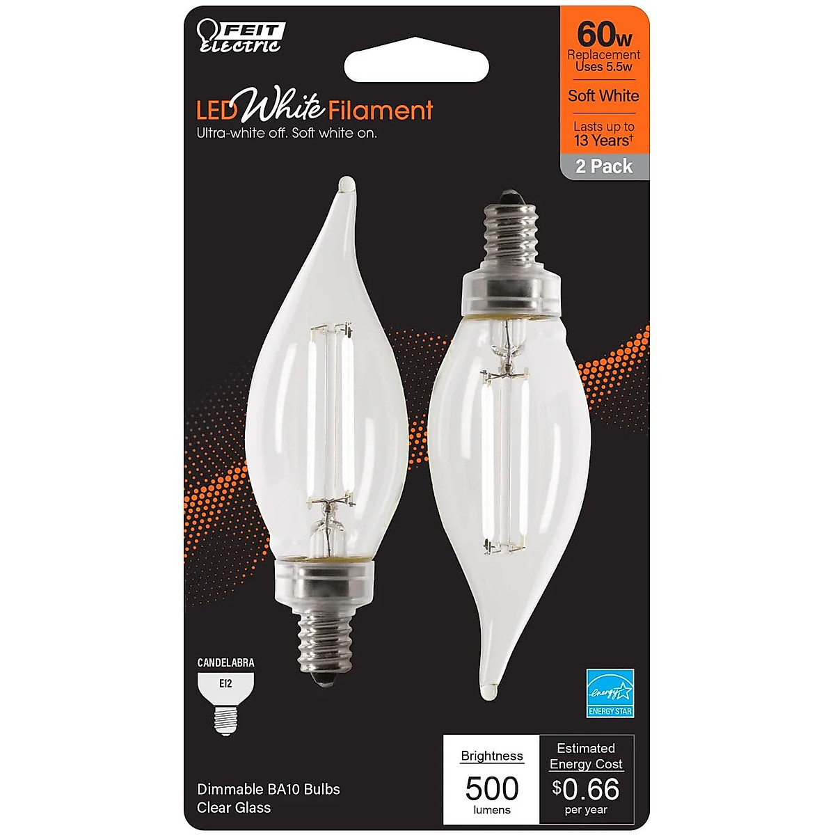 Feit Electric BPCFC60927CAWFIL/2 Soft White Flame Tip Exposed White Filament LED Bulb, Box of 2 Bulbs; 5.5W; 60W Equivalent; E12 Base; 2700K; 90 CRI; 500 Lumen; Glass Lens; 15000 Life Hours