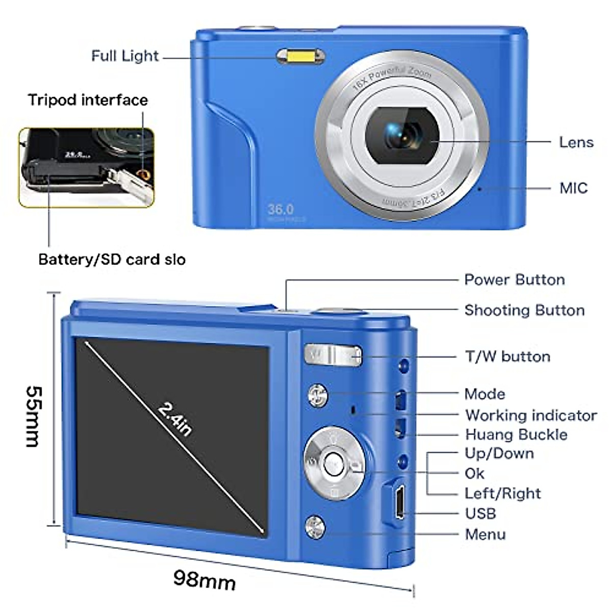 Digital Camera for Kids Boys and Girls - 36MP Children's Camera with 32GB SD Card，Full HD 1080P Rechargeable Electronic Mini Camera for Students, Teens, Kids(Light Blue)