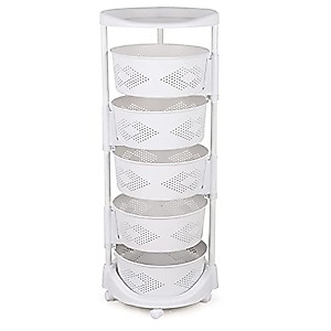5 Layer Rotating Multi-Layer Kitchen Storage Shelf, Fruit and Vegetable Storage Basket, Kitchen Storage Rack Floor-Standing Household Storage Rack Trolley with Movable Wheels for Kitchen