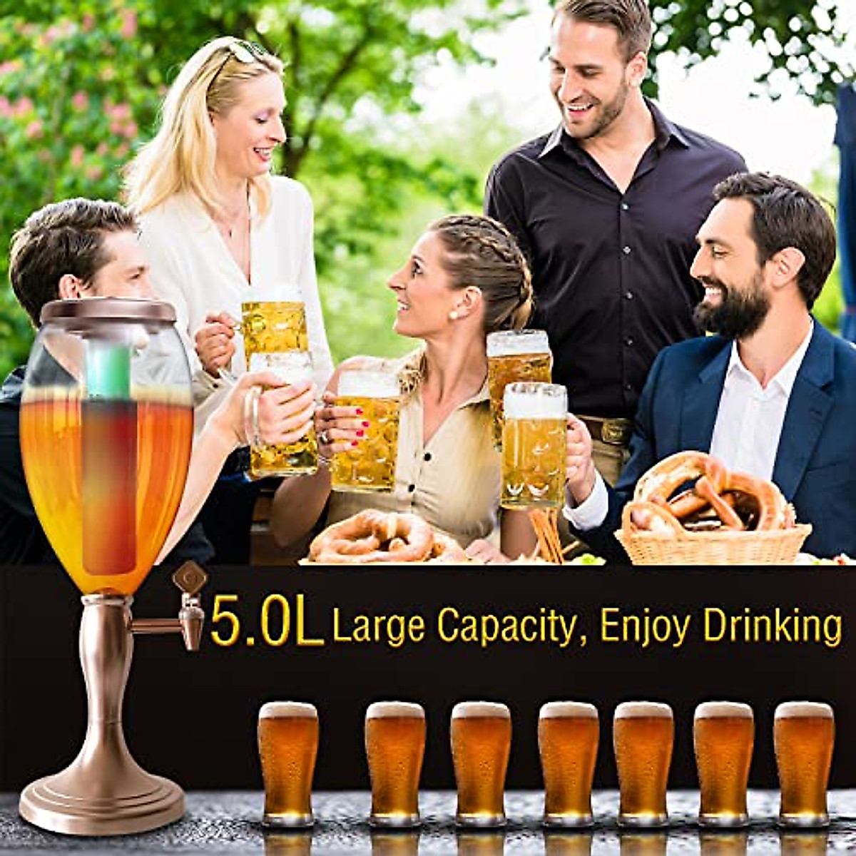 Beer Tower Dispenser 5L/169oz Mimosa Drink Tower with 2 Detachable Ice Tube and LED Light, Margarita Beverage Dispenser for Party Gameday Bars, Keep Fresh & Cold, Easy to Clean (Rose Gold Finish)