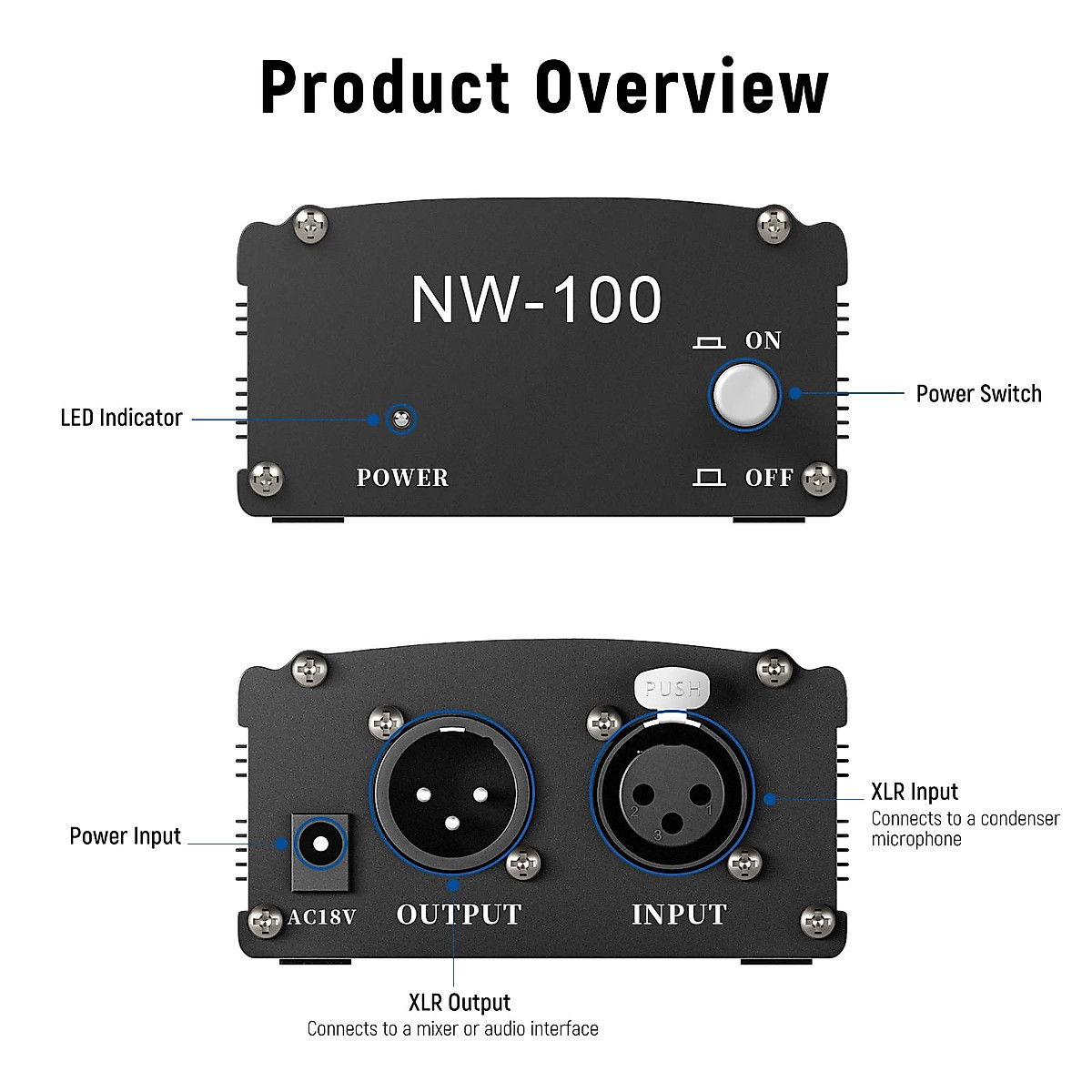 Neewer 1-Channel 48V Phantom Power Supply with Adapter, BONUS+XLR 3 Pin Microphone Cable for Any Condenser Microphone Music Recording Equipment (8 feet)