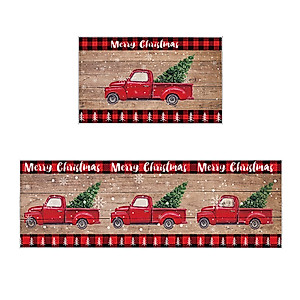 Christmas Kitchen Rugs and Mats Set of 2 Red Truck Snowflake Rustic Wooded Anti Fatigue Floor Mat Area Runner Rug for Kitchen Sink Living Room Bedroom 16"x24"+16"x47"