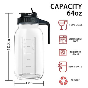 Glass Pitcher with Lid, 64 oz (2 Quart / 1.9 Liter) Glass Mason Jar Pitcher with Precise Scale, LineWide Mouth, Heavy Duty, Leak Proof for Hot/Cold Water Jug, Juice and Homemade Beverage