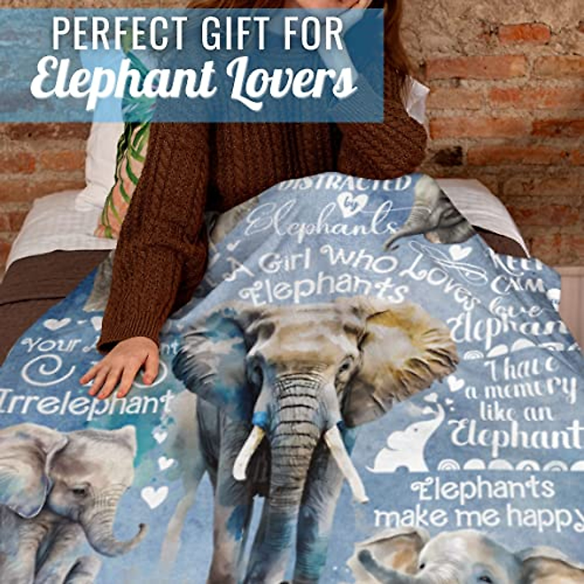 Elephant Gifts for Women, Just A Girl Who Loves Elephants, Throw Blanket for Sister, Daughter, Coworkers, Friends, 65 x 50 Inches, Blue