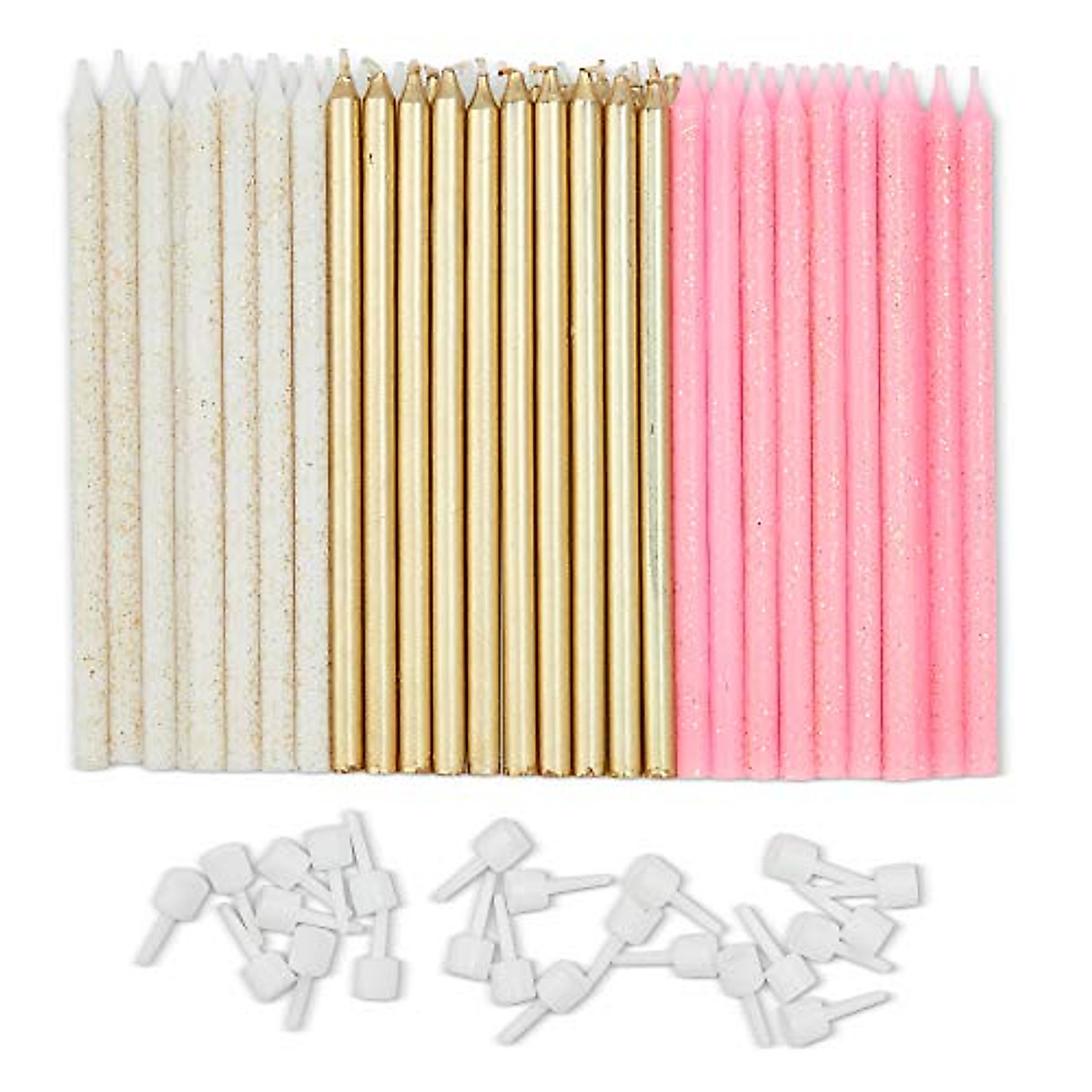 Metallic Glitter Long Thin Birthday Cake Candles in Holders (5 in, 48 Pack)