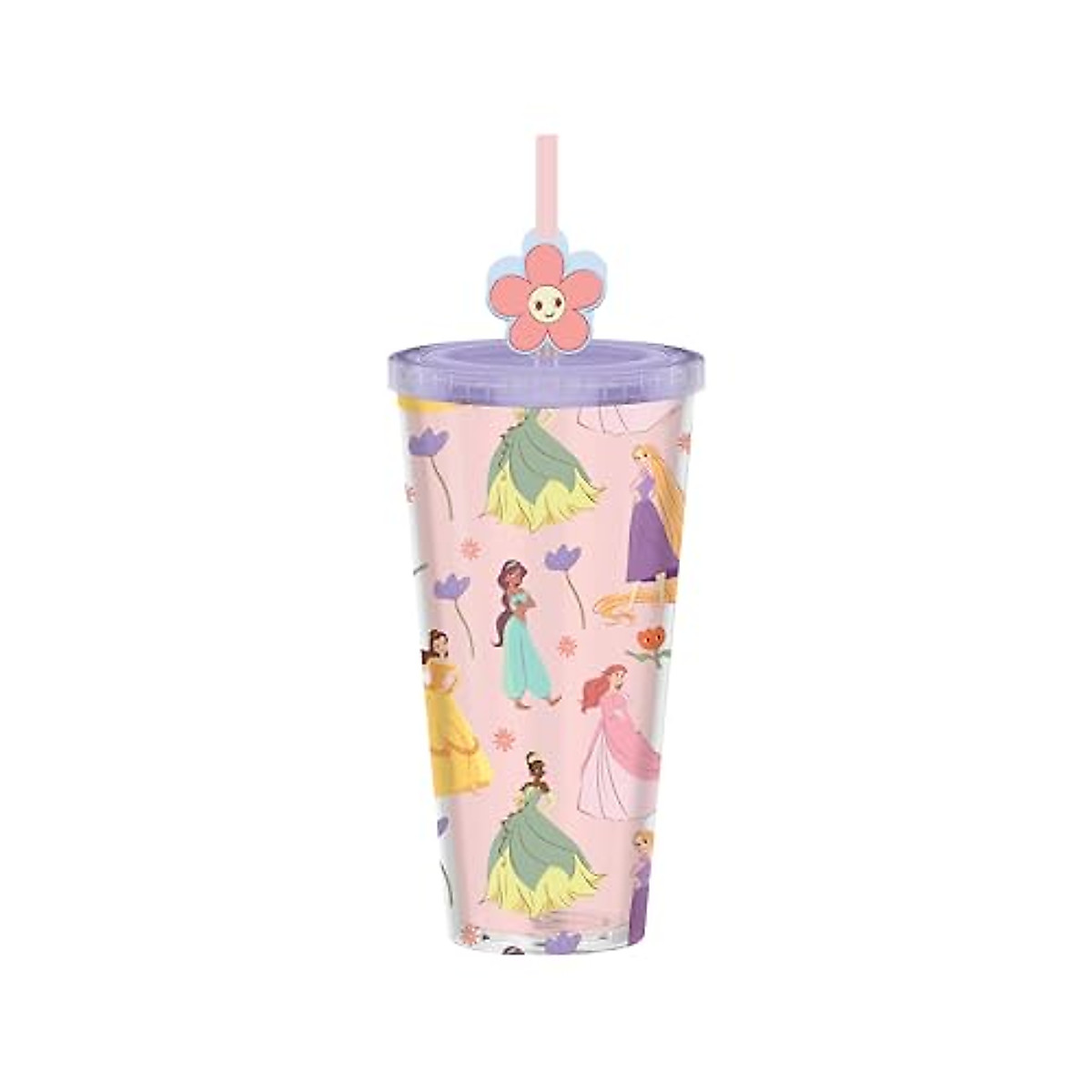 Silver Buffalo Disney Princess Flower Pattern Featuring Rapunzel, Tiana, Jasmine, Ariel, and Belle Plastic Cold Cup with Lid and Topper Straw, 24 Ounces