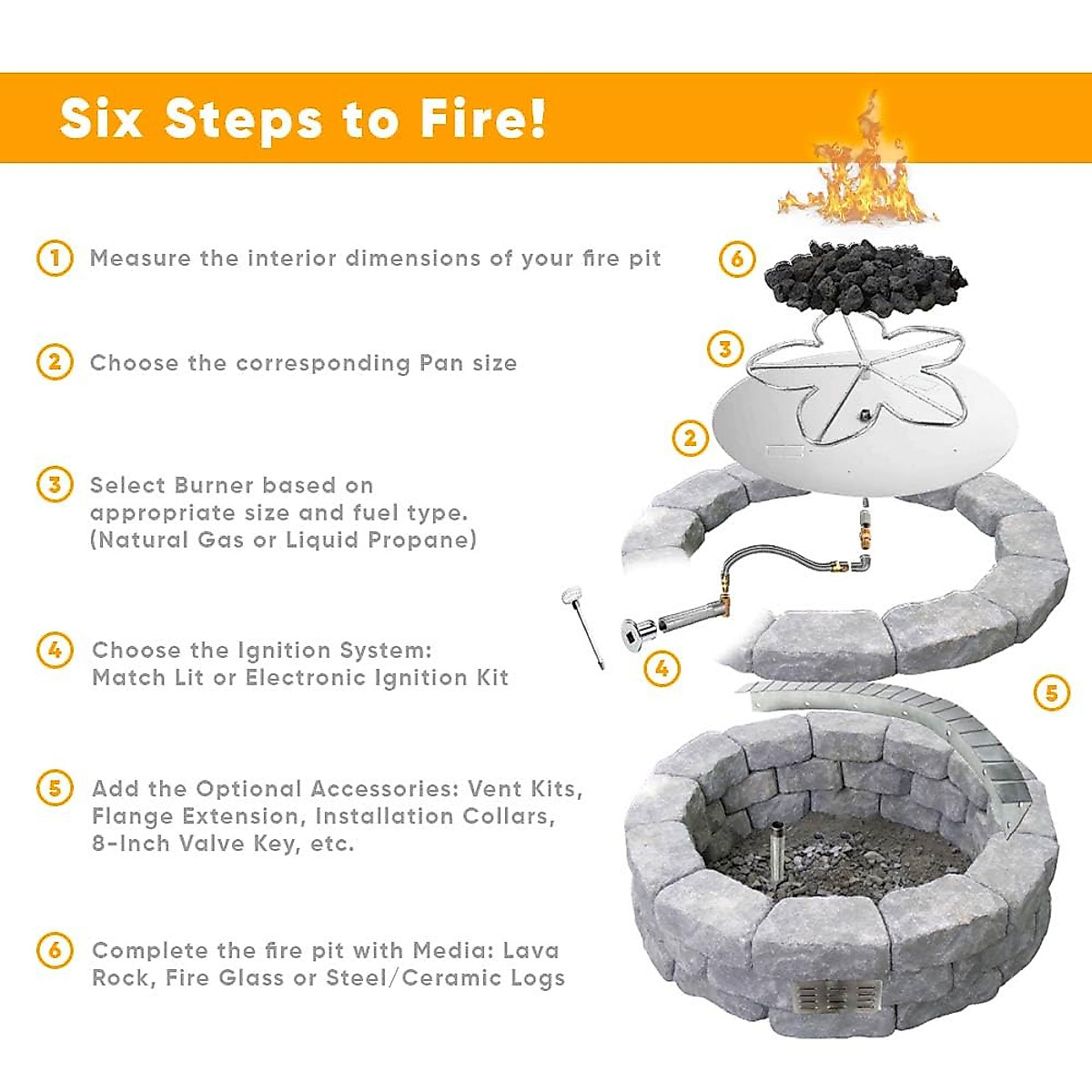 Spotix HPC Penta Match Lit Fire Pit Burner Kit with 30-Inch Stainless Steel Burner and 36-Inch Square Flat Pan, Propane, Polished Chrome, with Flange, Key, Valve, Flex Line and Fittings