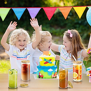 Dyserbuy Glass Cups with Bamboo Lids and Glass Straw 6pcs Set, 16oz Drinking Glasses, Beer Iced Coffee Glasses, Tumbler Cup, Ideal for Smoothie, Boba Tea, Whiskey, Water