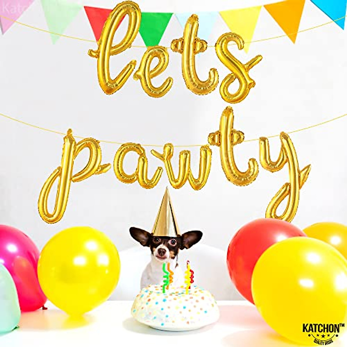 KatchOn, Gold Lets Pawty Balloon Letters - 16 Inch | Script Lets Pawty Balloon Banner for Dog Birthday Decorations | Gold Lets Pawty Birthday Decorations | Lets Pawty Balloons for Puppy Birthday Décor