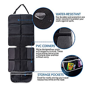 JOYSKY Car Seat Protector for Child Car Seat, 2 Pack Large Seat Protectors for Under Car Seat with Thick Padding and Storage Pockets, Full Protection for Your Vehicle Leather Seats