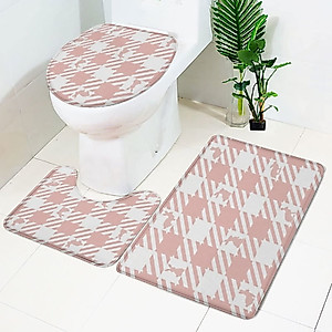 Royaours 3-Piece Bath Rug and Mat Sets, Pink White Buffalo Plaid Stripe Easter Rabbit Non-Slip Bathroom Doormat Floor Rugs, Farm Toilet Seat Cover, U-Shaped Carpet Entrance Door Mat