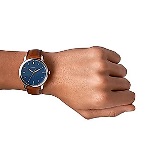 Fossil Men's Minimalist Quartz Stainless Steel and Leather Three-Hand Watch, Color: Silver, Luggage (Model: FS5304)