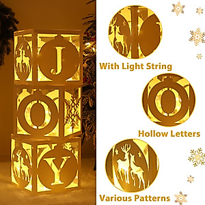 Light Up Christmas Decorations Indoor - 3pcs White Hollow-Out Paper Joy Boxes with Warm Light String, Holiday Fireplace Christmas Decorations for Home