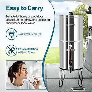 ICEPURE Gravity-Fed Countertop Water Filter System, 2.35G Stainless-Steel 304 | Includes 2 Black Carbon Filters | Ideal for Camping, RVing, Emergencies, Home | Clean, Clear & Fresh Water