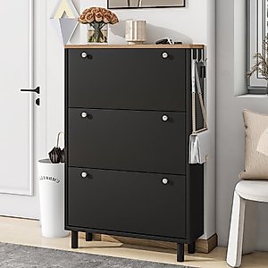 VENBER Narrow Design Shoe Cabinet with 3 Flip Drawers, Wood Grain Pattern Top Entryway Organizer with 3 Hooks, Free Standing Shoe Rack with Adjustable Panel for Hallway (Black)