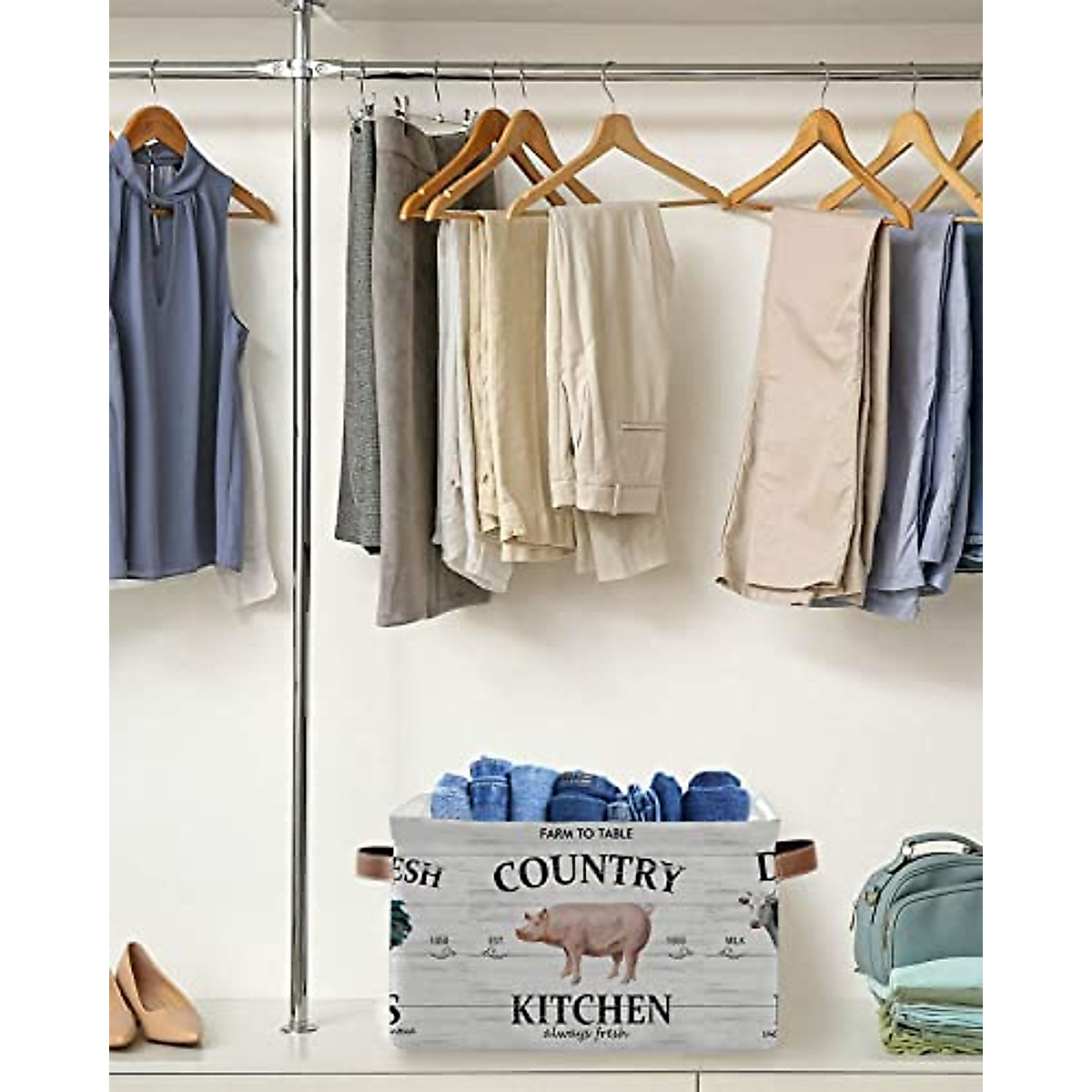 Farmhouse Animals Storage Bins 1 Pack, Large Waterproof Storage Baskets for Shelves Closet, Farm Cow Pig Oil Painting Storage Basket Foldable Storage Box Cube Storage Organizer with Handles