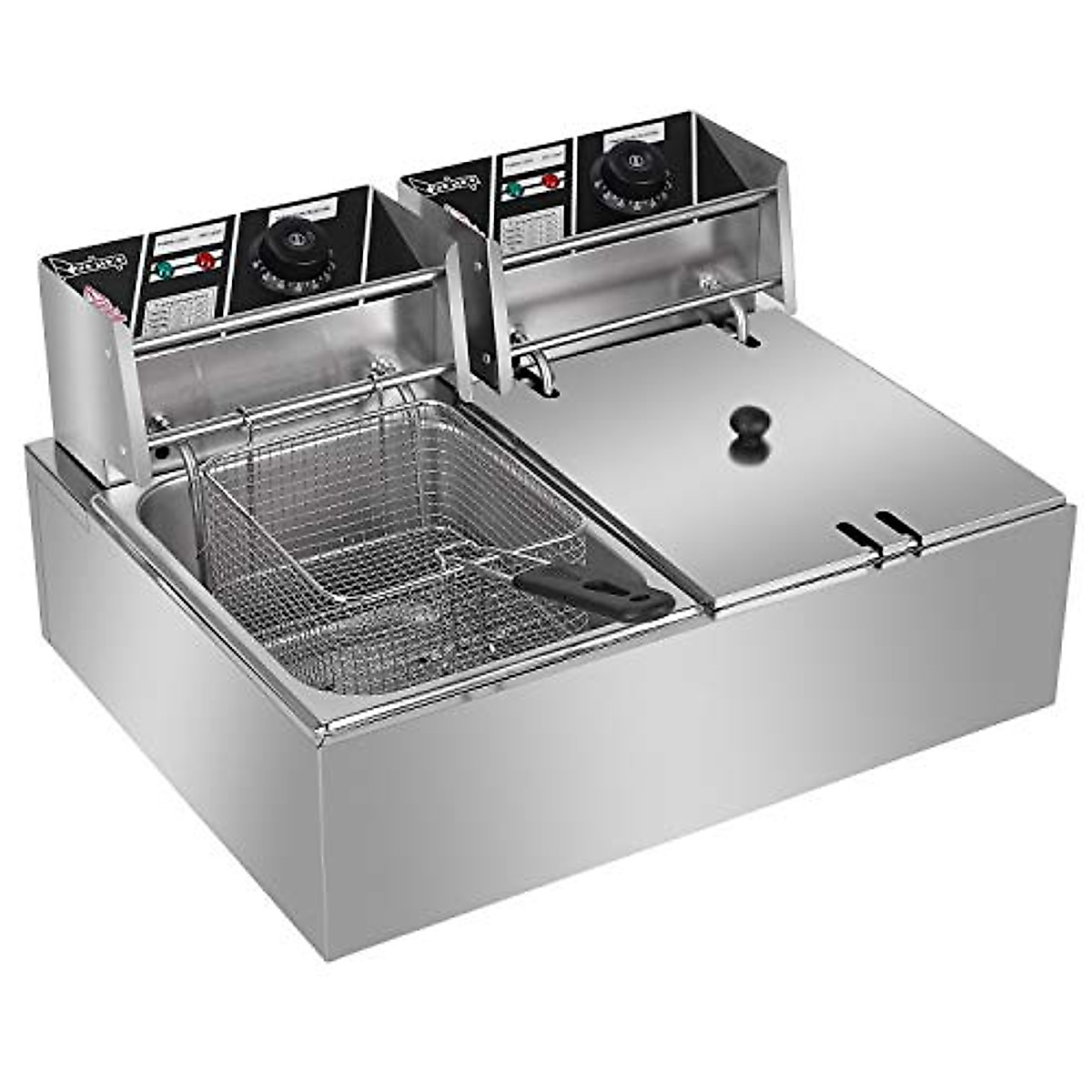 Winado 12.7QT Capacity Electric Deep Fryer with Baskets & Lids, 12L Countertop Stainless Steel Dual Tank Temperature Control Frying Machine, for Home & Commercial 5000W 60Hz 110V