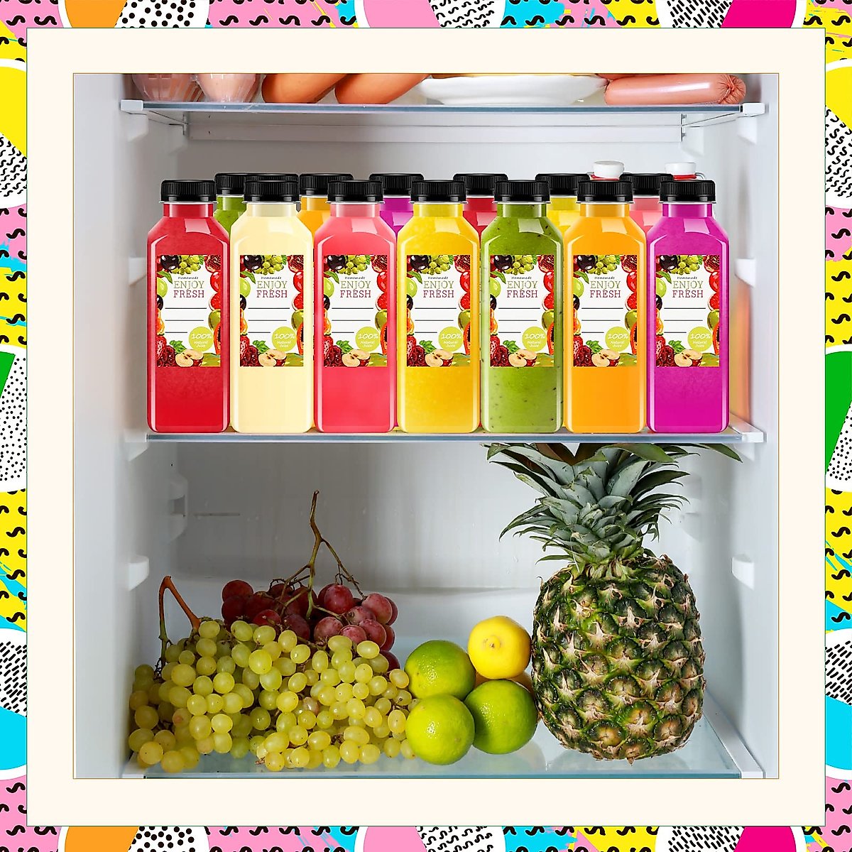 Skylety 200 Pcs Plastic Juice Bottles with Lids, Empty Clear Juice Bottles with Caps and Label, Juice Storage for Fridge with 2 Pcs Funnel and 2 Pcs Brush Beverage Containers for Juicing Milk (16 oz)