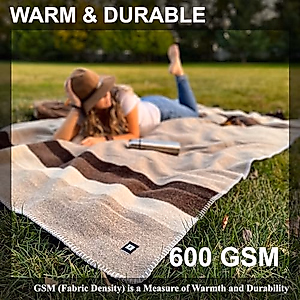 EKTOS 100% Woolen Blankets, 90" x 66", Pure Wool Blankets, Warm Camping Blanket (Desert Khaki Striped, Twin Size)