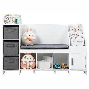 Kids Bookshelf with Reading Nook, Toddler Bookcase with Seat Cushion and Adjustable Shelf, Storage Bench with Book Rack for Bedroom, Playroom, Nursery, White