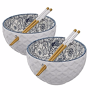 American Atelier Ramen Bowl with Chopsticks | Set of 2 | Soup Bowls for Kitchen | Udon Noodle Bowls with Chopsticks | Stoneware Soup Bowl | 6" Diameter (21 Oz) - Blue Floral Print