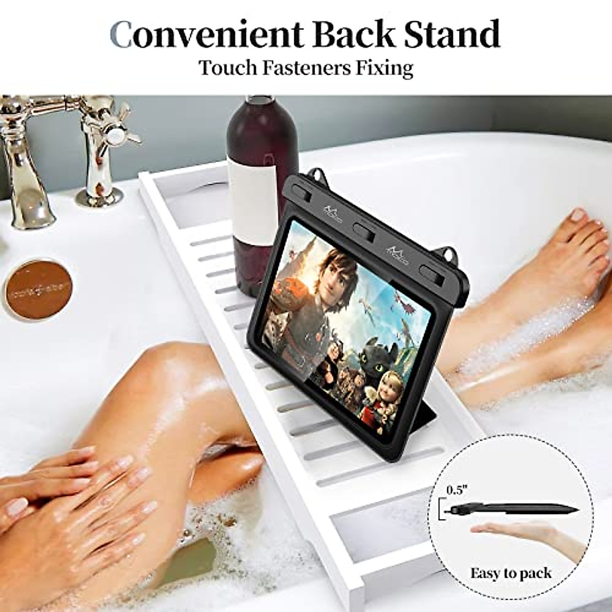 MoKo Waterproof Tablet Case Compatible with Fire HD 8/Fire 7, iPad Mini 6/5/4/3, Galaxy Tab Pro 8.4, Tab S2/Tab E/Tab A 8.0 8.4 Up to 8.5",Stand Holder Dry Bag for Bathroom Kitchen Stand Pouch, Black