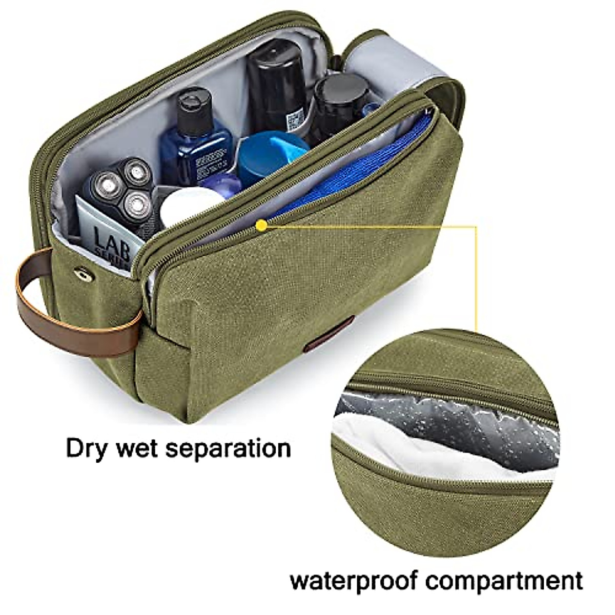 BAGSMART Toiletry Bag for Men, Canvas Travel Toiletry Organizer Dopp Kit Water-resistant Shaving Bag for Toiletries Accessories,Green-Large